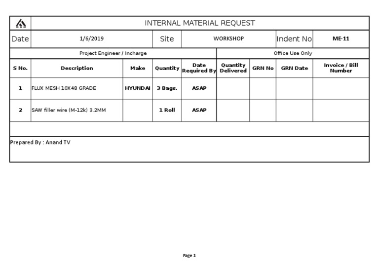 Internal Material Request Date Site Indent No: 1/6/2019 Workshop | PDF ...