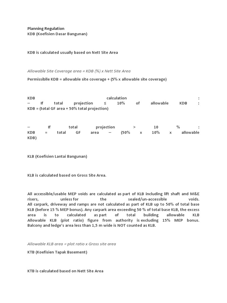 Planning Regulation: Allowable Site Coverage Area KDB (%) X Nett Site ...