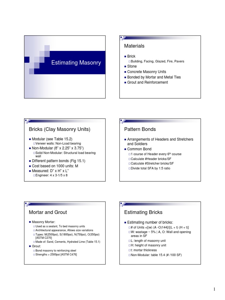 Estimating Masonry: Materials | PDF | Masonry | Brick