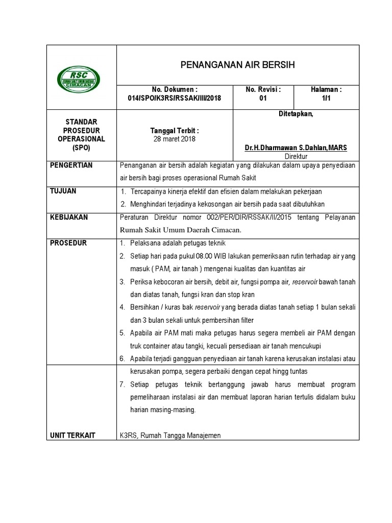 Sop Penanganan Air Bersih 2 | PDF | Sains & Matematika