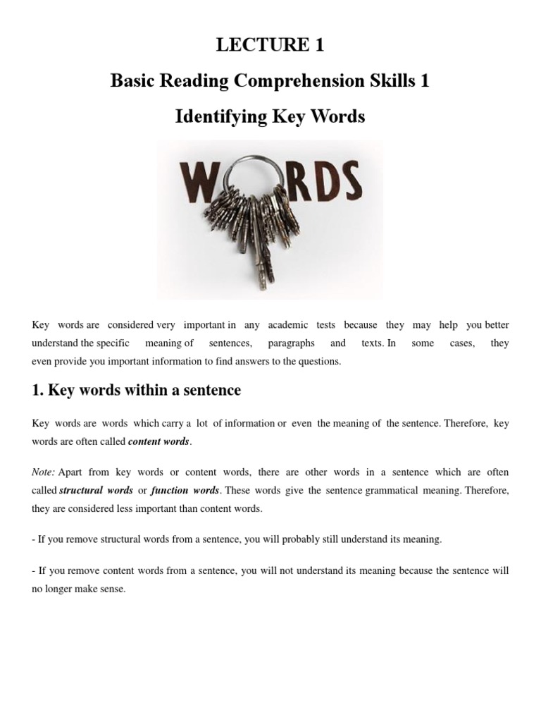 Basic Reading Comprehension Skills 1 Identifying Key Words | PDF ...