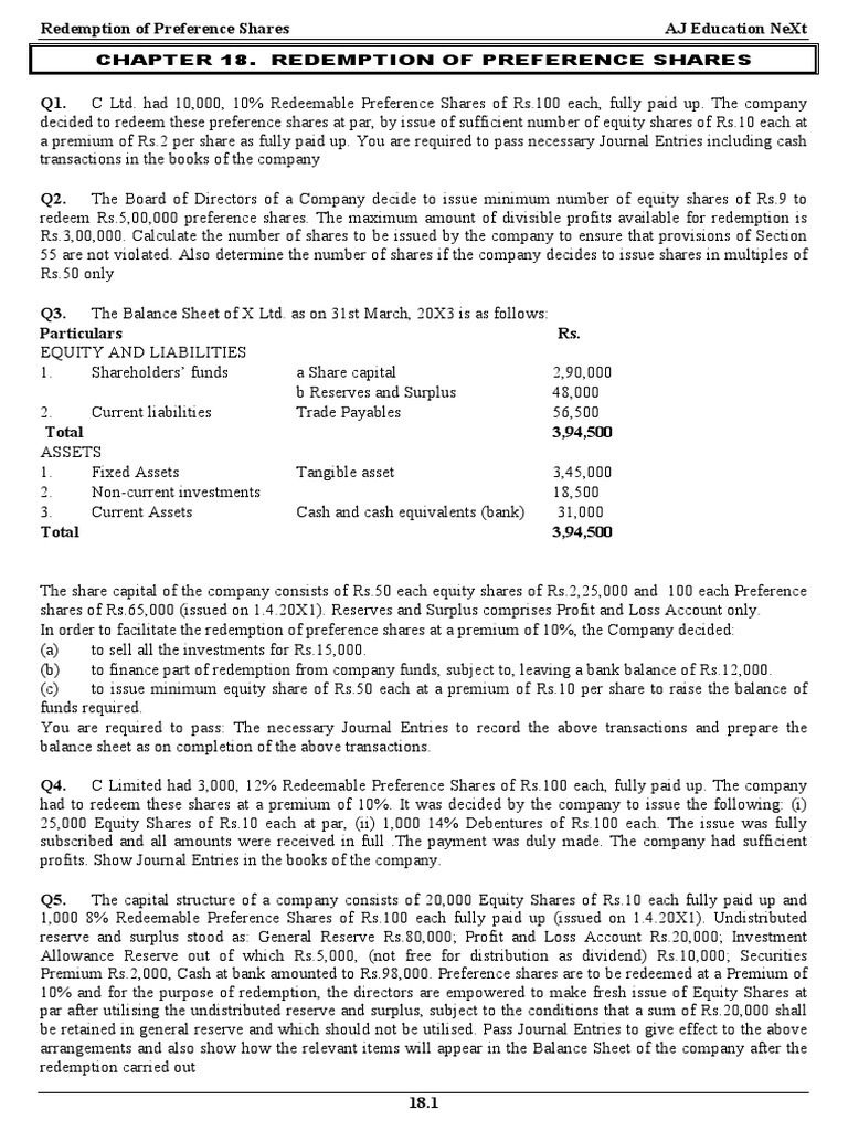 Journal Entries for Preference Share Redemption | PDF | Preferred Stock ...