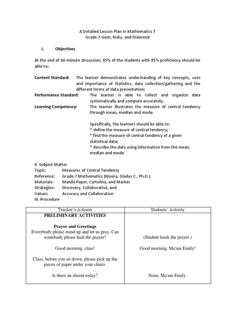 Understanding Measures of Central Tendency: A Detailed Lesson Plan on ...