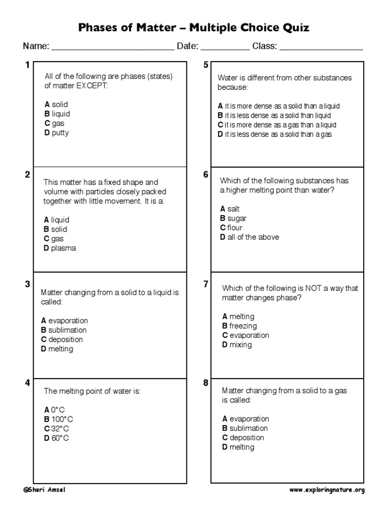 Phases of Matter - Multiple Choice Quiz: Name: - Date: - Class | PDF ...