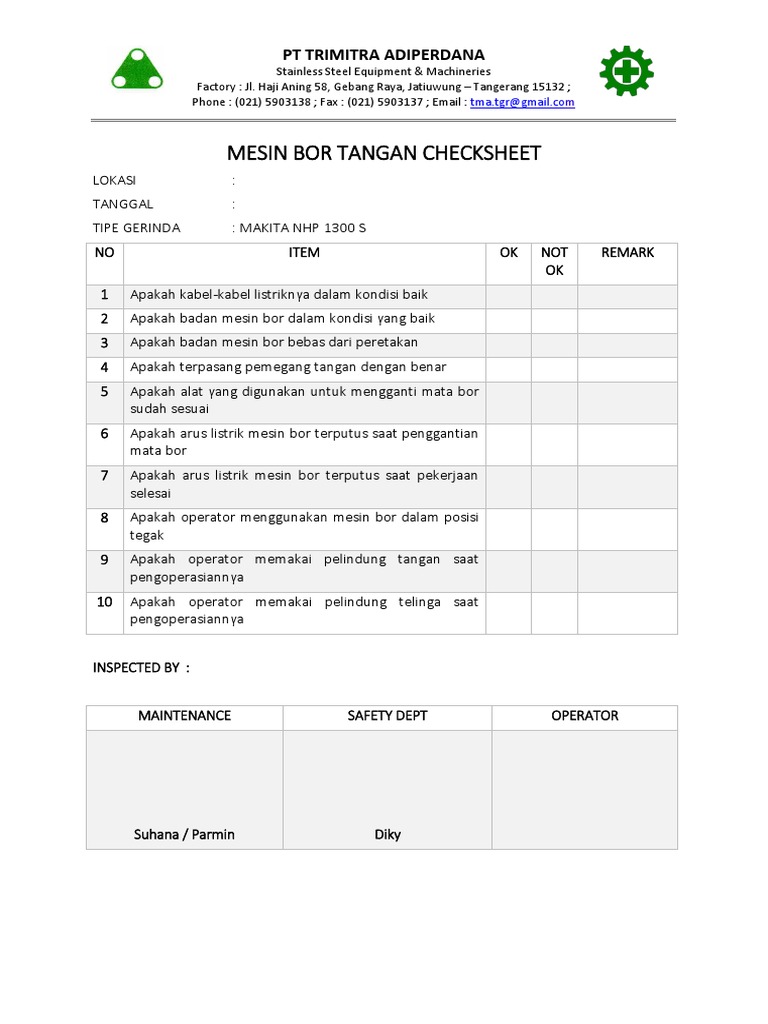 PT Trimitra Adiperdana - Mesin Bor Tangan Check Sheet List | PDF