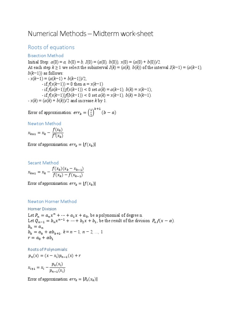 Numerical Methods - Midterm Work-Sheet: Roots of Equations | PDF | Spline (Mathematics) | Linear ...