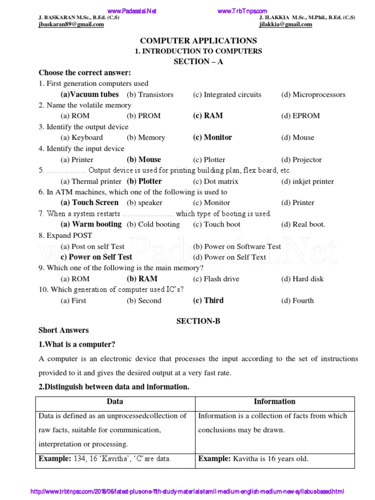 11th Computer Applications Study Guide | PDF | Read Only Memory ...