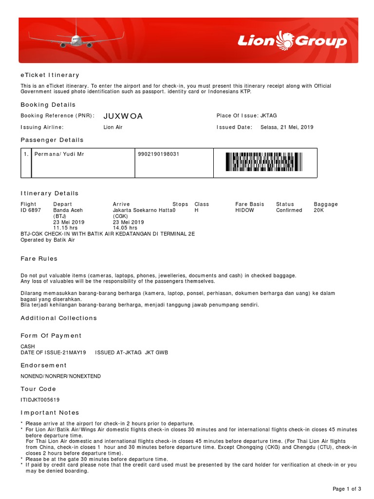 Contoh Tiket Pesawat | PDF | Aviation | Airlines