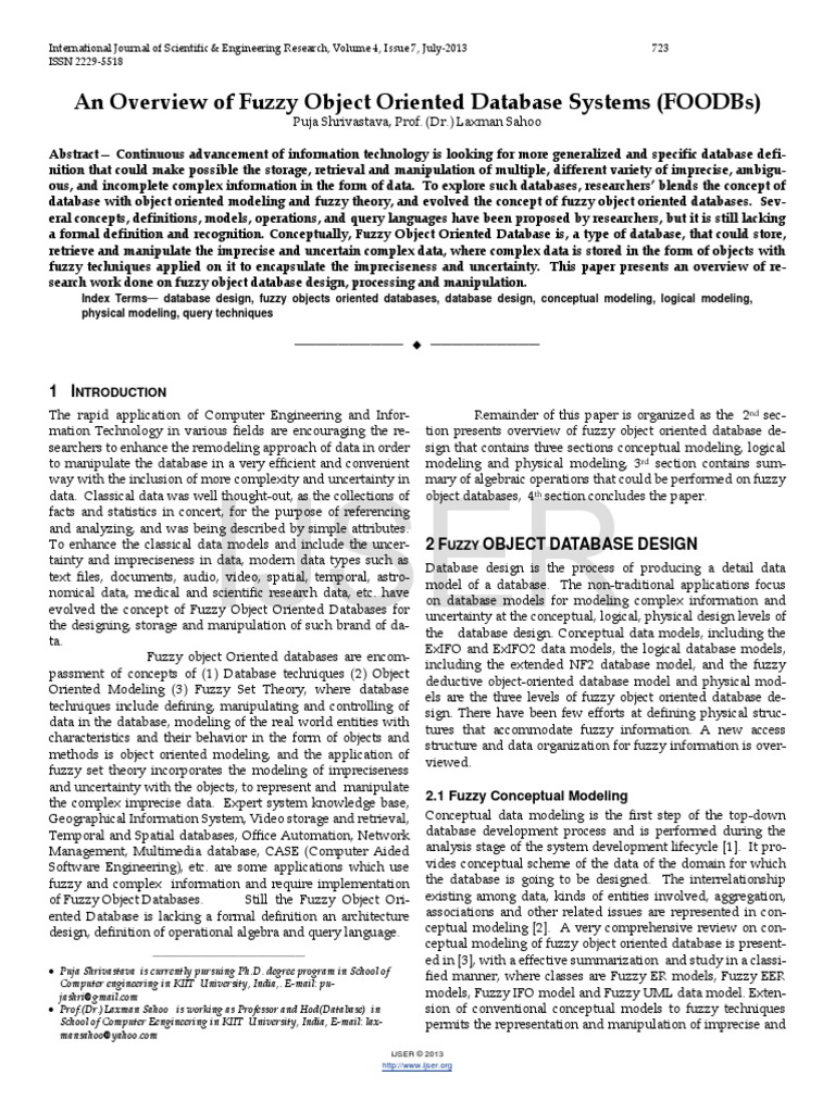 Ijser An Overview Of Fuzzy Object Oriented Database Systems Foodbs Pdf Conceptual Model