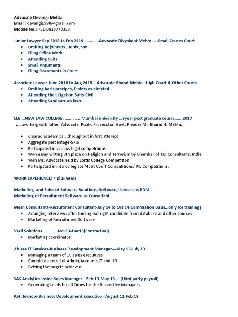 Devangi Mehta-CV Nonlitigation | PDF | Business | Computing