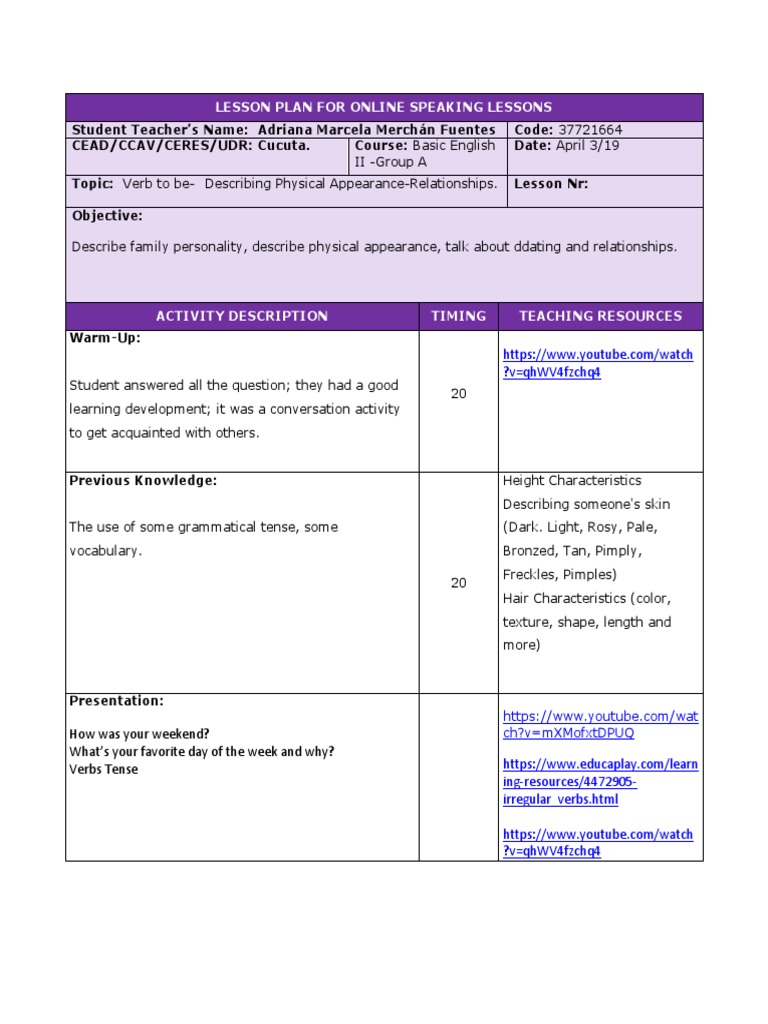 Lesson Plan For Online Speaking Lessons | PDF | Lesson Plan | English ...