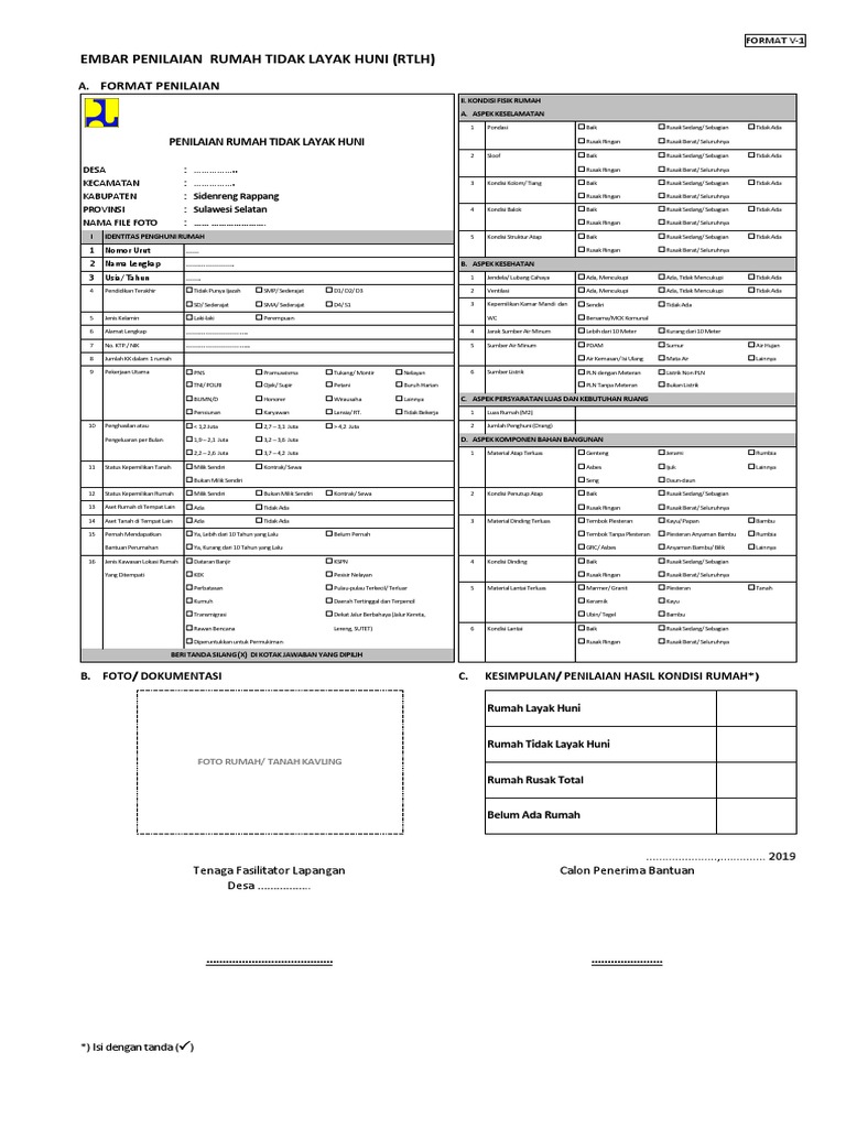 Format v-1 Lembar Penilaian RTLH | PDF