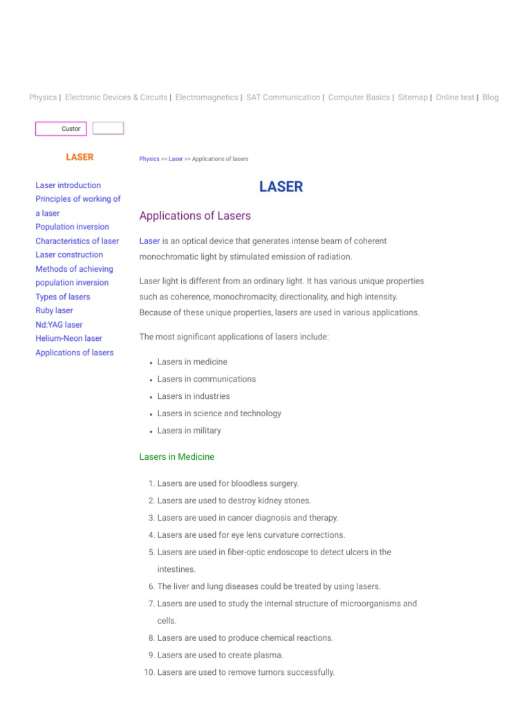 Applications of Lasers PDF | PDF | Laser | Light