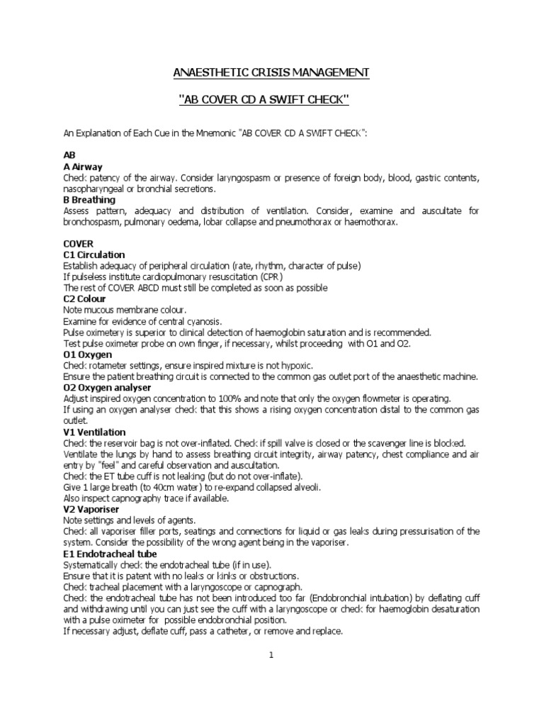 Anaesthetic Crisis Management Guide | PDF | Breathing | Anesthesia