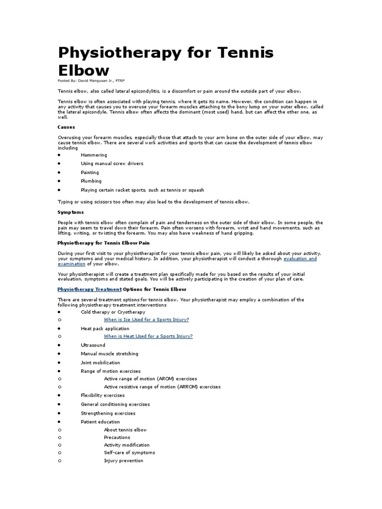 Physiotherapy For Tennis Elbow | PDF | Elbow | Musculoskeletal Disorders
