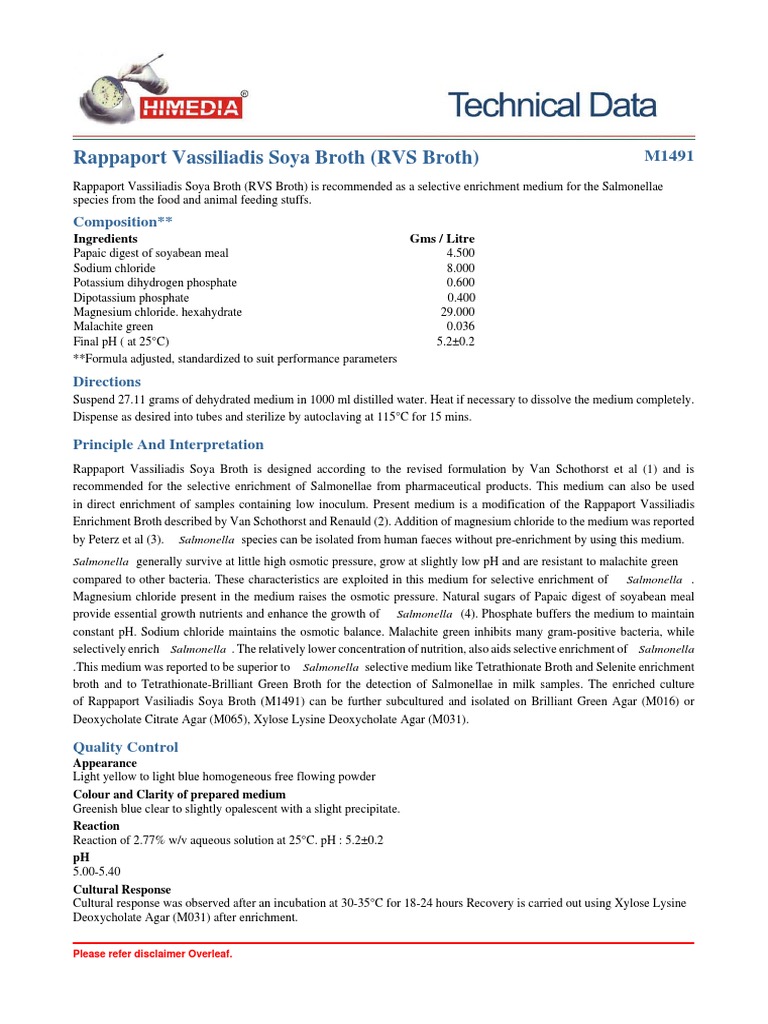 Rappaport Vassiliadis Soya Broth (RVS Broth) : Composition | PDF ...