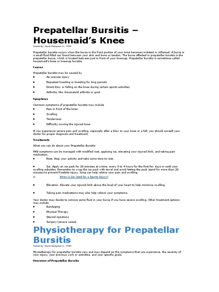 Prepatellar Bursitis - Housemaid's Knee | PDF | Knee | Musculoskeletal ...