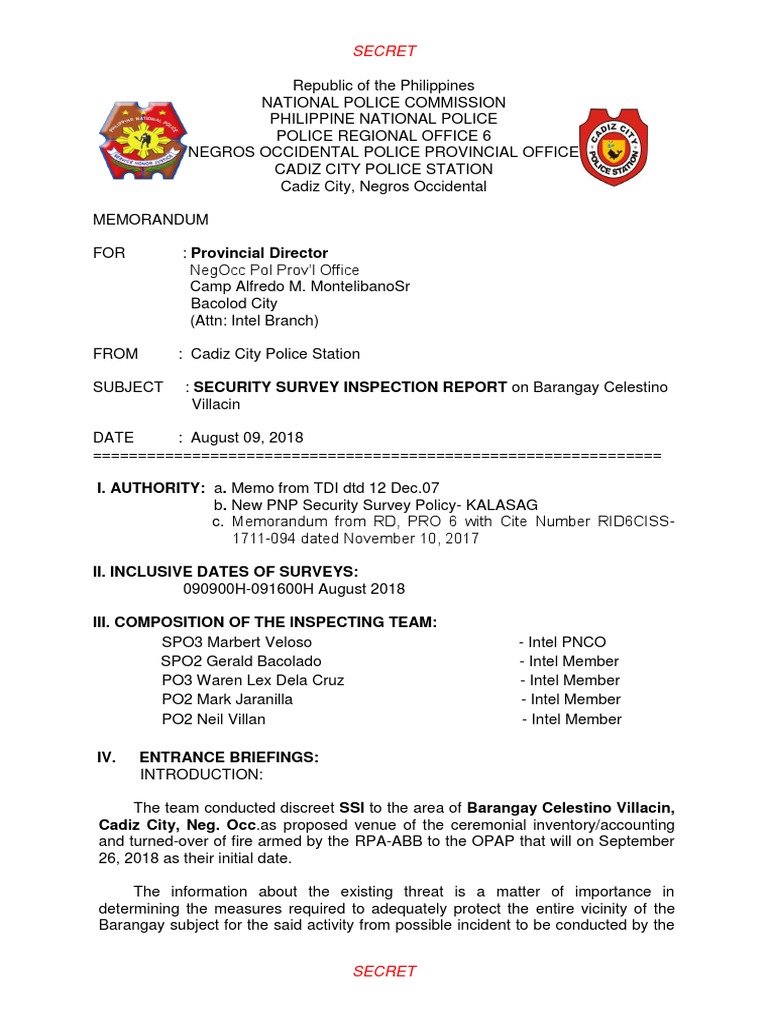 Security Survey Inspection Report On Brgy Celestino Villacin | PDF ...
