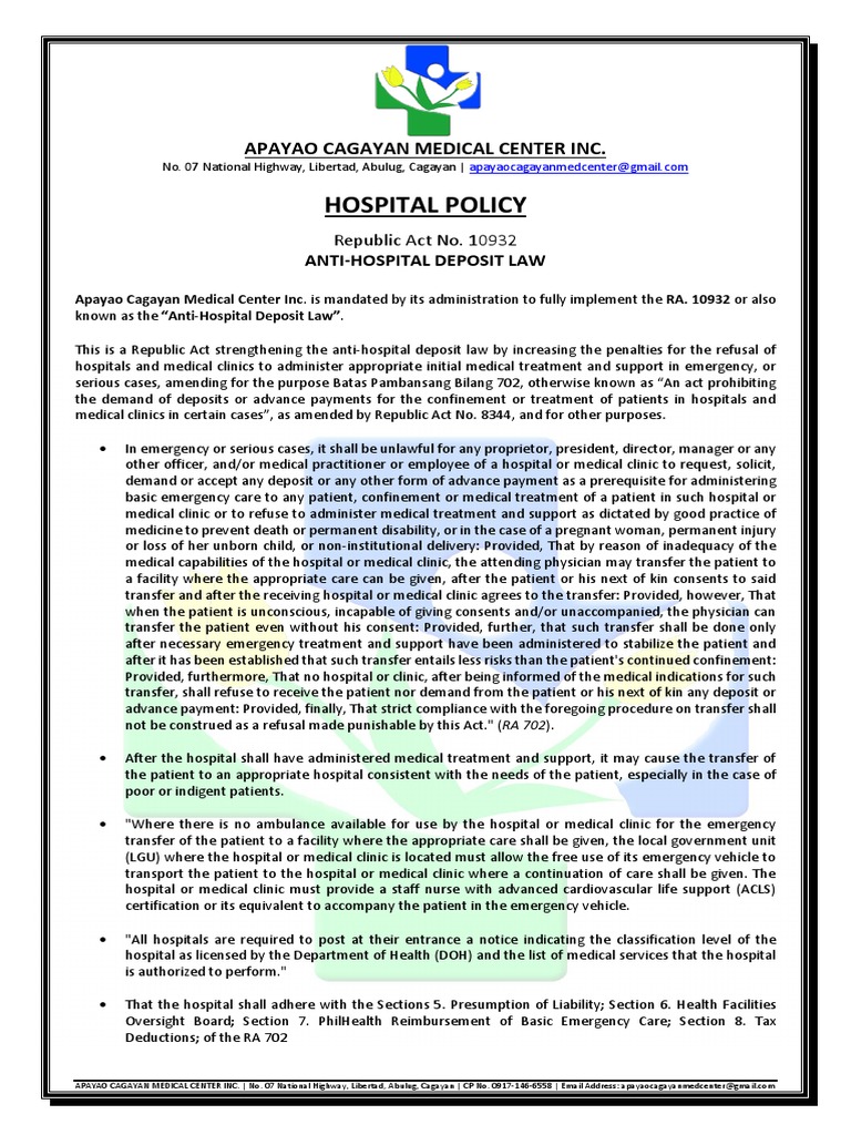 Anti Hospital Deposit Law | PDF | Hospital | Patient
