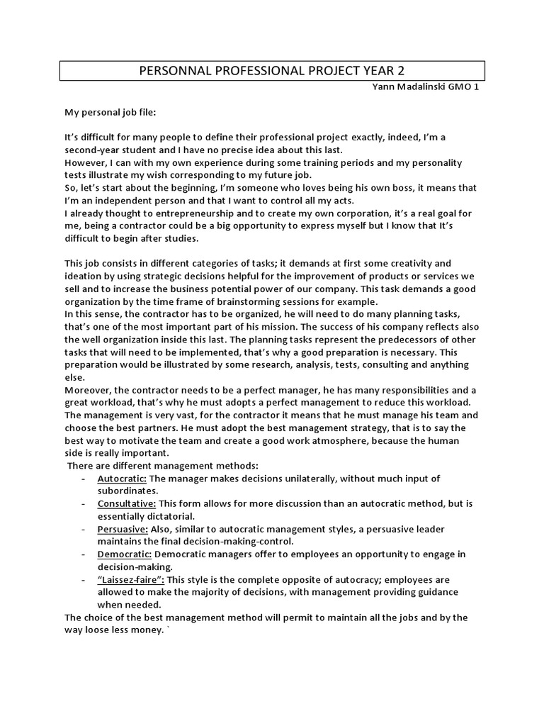 Personnal Professional Project Year 2 | Download Free PDF | Leadership ...
