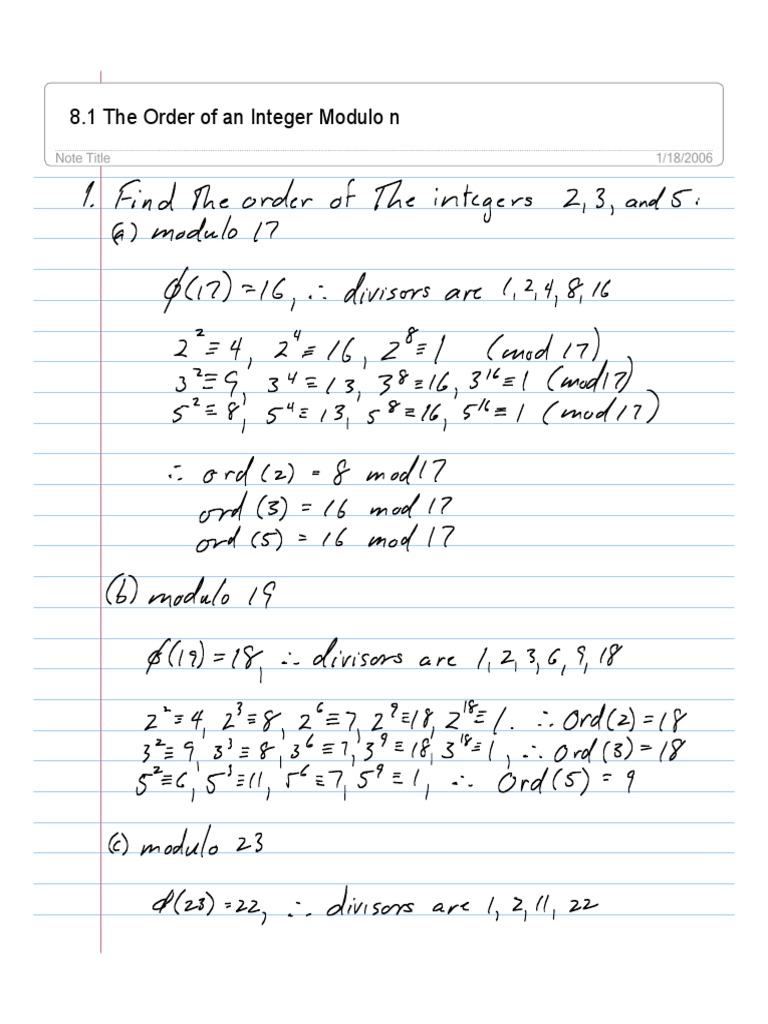 08-1 The Order of An Integer Modulo N | PDF | Science & Mathematics