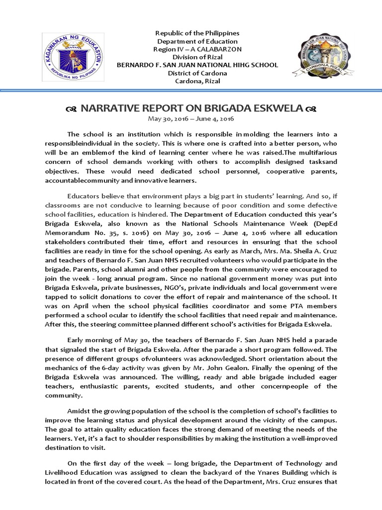 Narrative Report On Brigada Eskwela: Bernardo F. San Juan National Hihg ...
