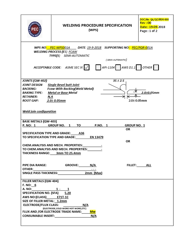 Fcaw Wps-001a PDF | PDF | Welding | Construction