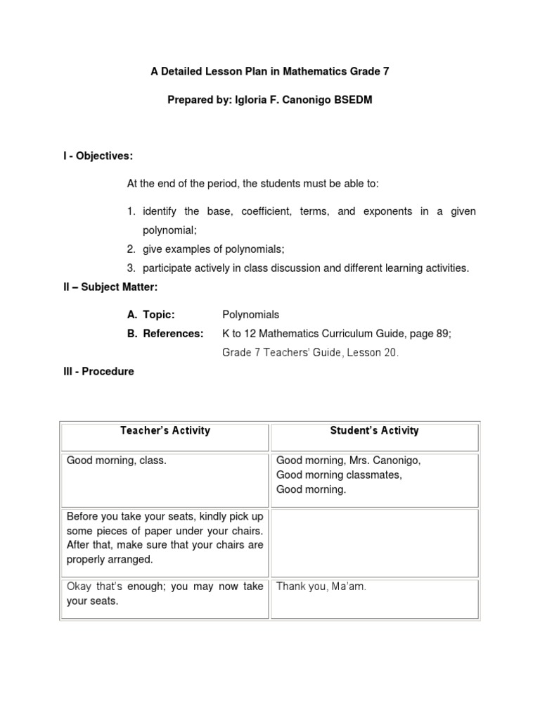 4 Educ 115 Detailed Lesson Plan | PDF | Polynomial | Variable (Mathematics)