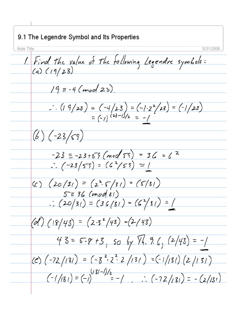 09-2 The Legendre Symbol and Its Properties PDF | PDF