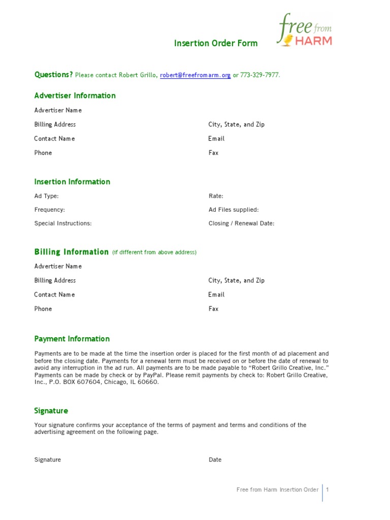 Advertising Insertion Order Form Free PDF Template1 | PDF | Indemnity | Advertising