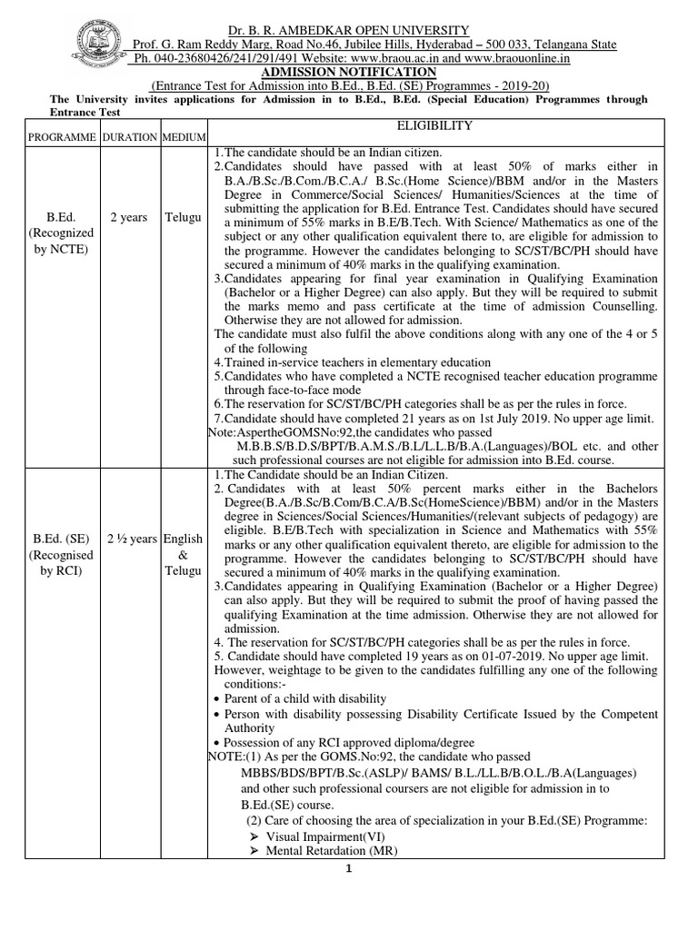 Dr. B. R. Ambedkar Open University B.Ed. admission | PDF | Bachelor's ...