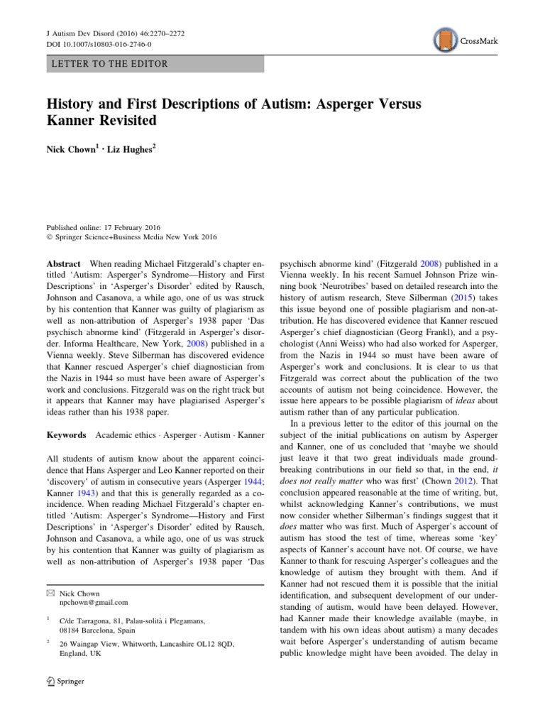History and First Descriptions of Autism: Asperger Versus Kanner ...