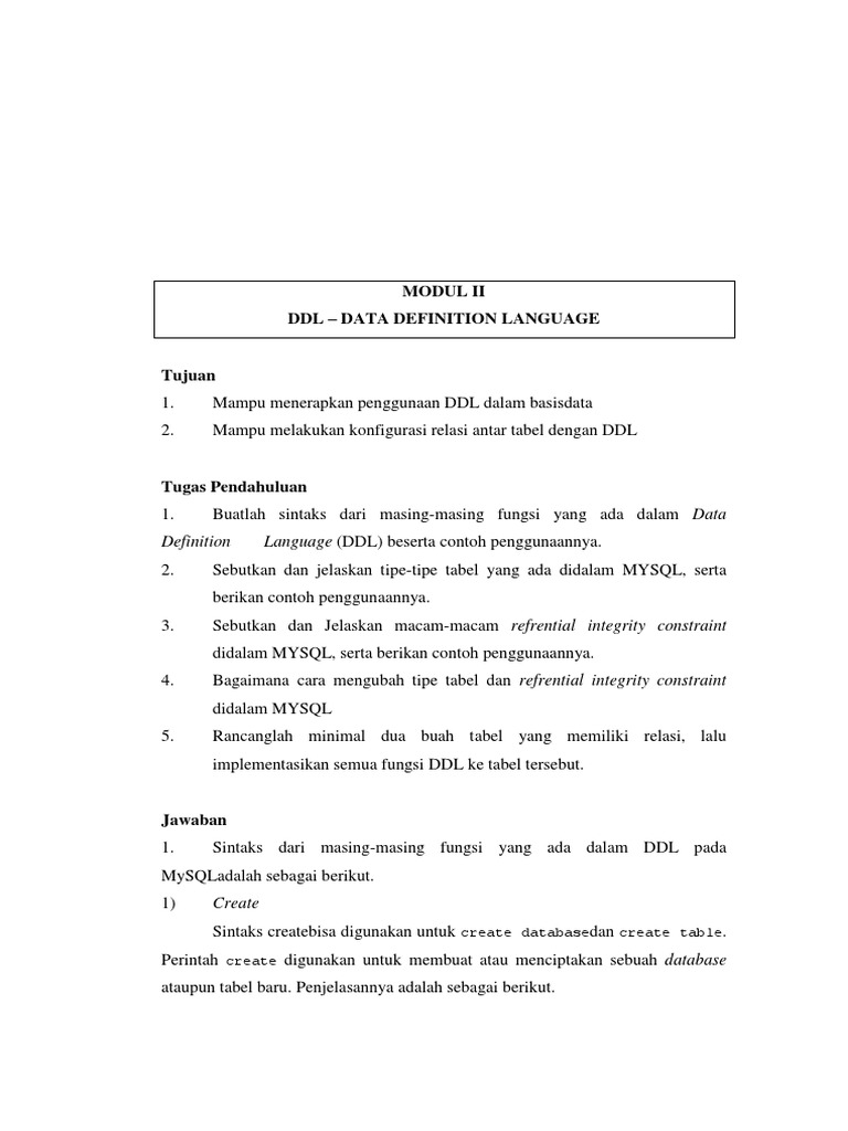 Modul II DDL Data Definition Language | PDF