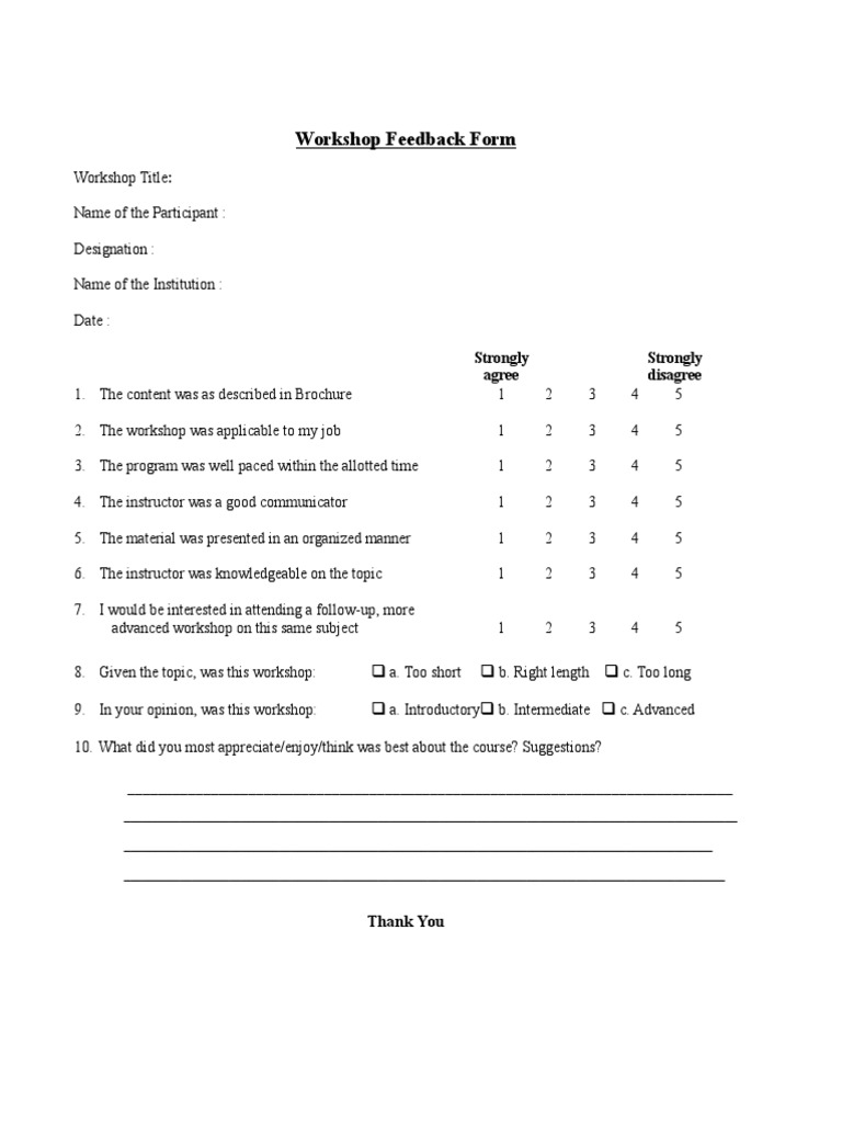 Workshop Feedback Form Template | PDF