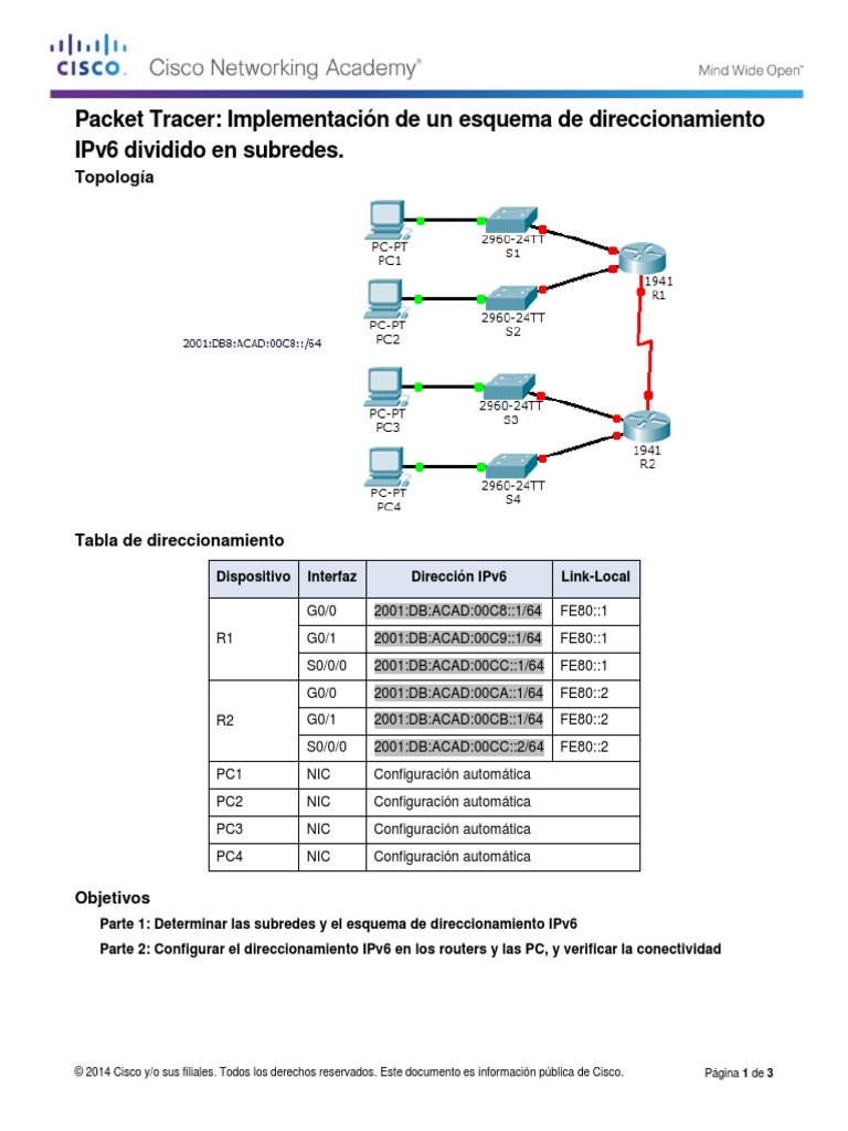 9.3.1.4 Packet Tracer - Implementing A Subnetted IPv6 Addressing Scheme Instructions IG | PDF ...
