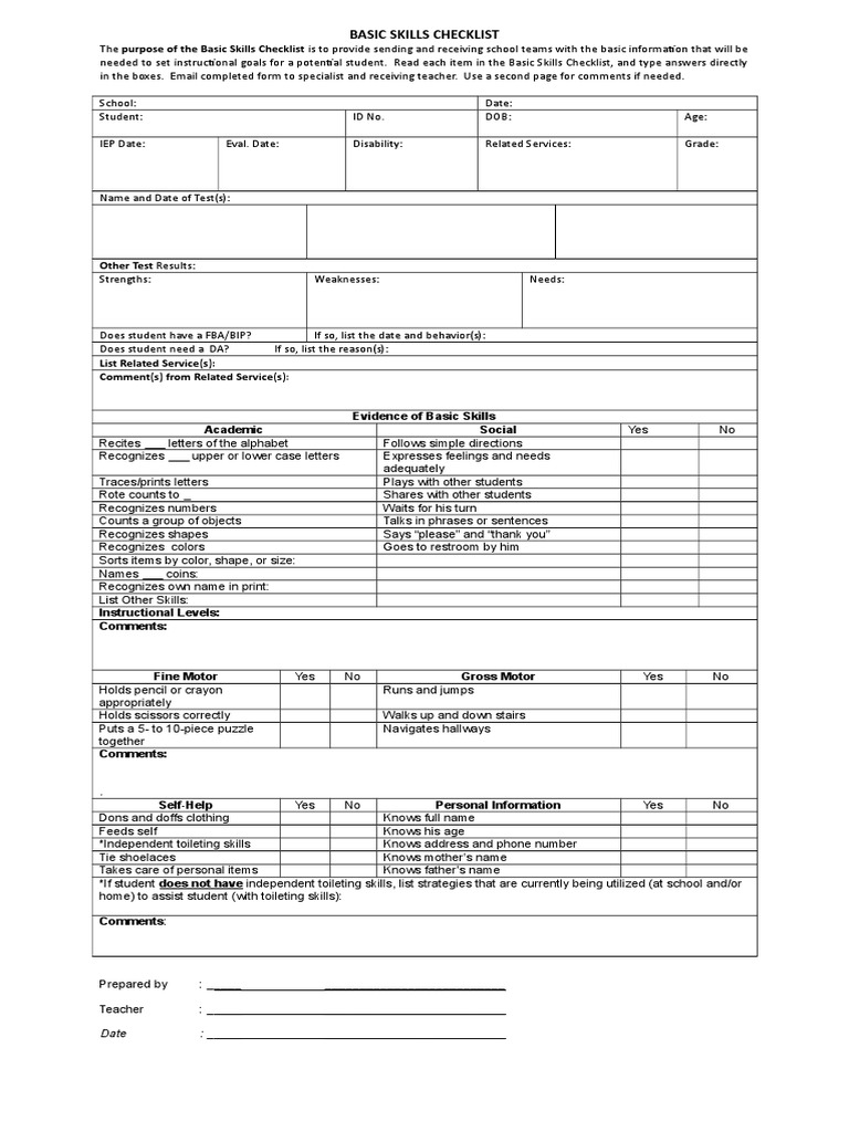 Basic Skills Checklist: Other Test Results | PDF | Educational ...