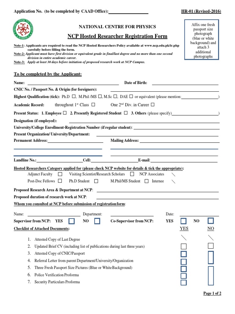 NCP Hosted Researcher Registration Form: National Centre For Physics ...