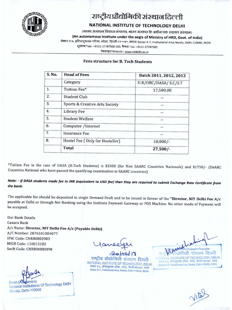 B Tech Fee Structure 2011 2012 2013 Batch Josaa | PDF