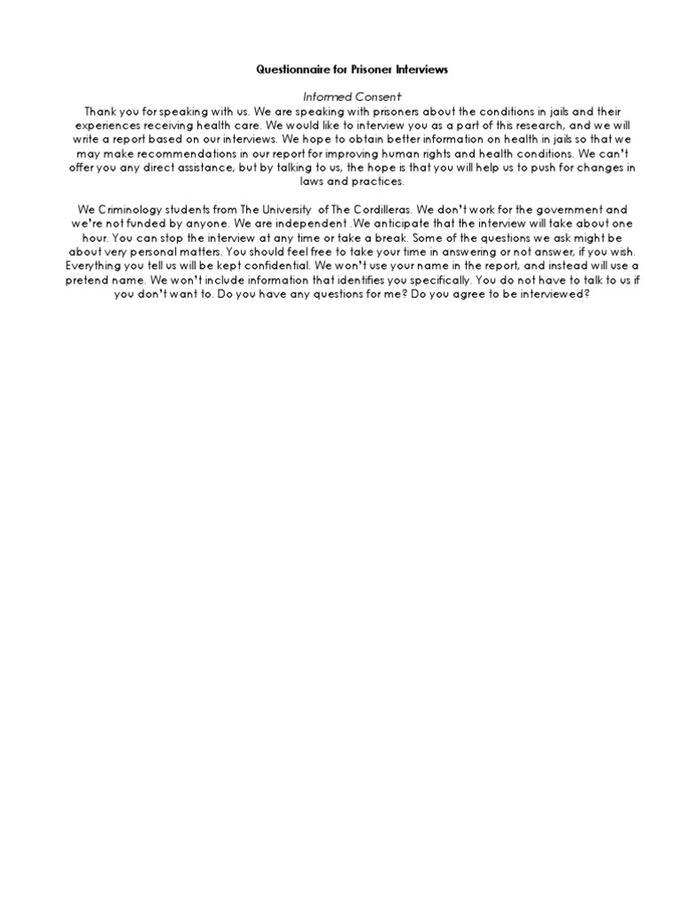 Questionnaire For Prisoner Interviews | PDF | Remand (Detention) | Prison