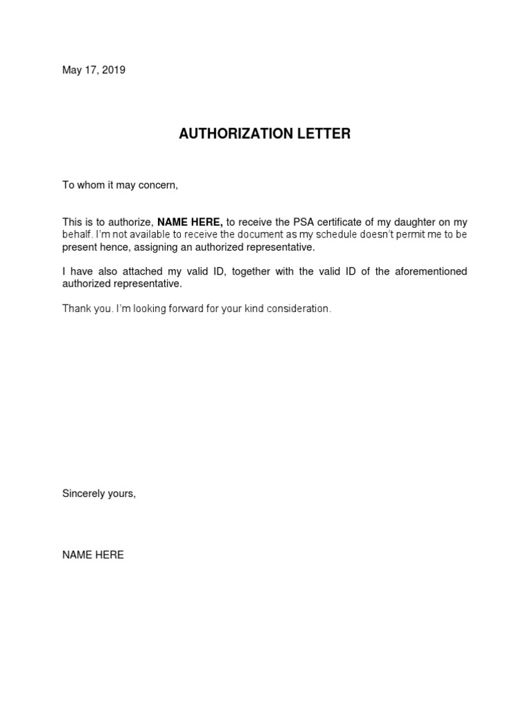 Authorization Letter for PSA Certificate | PDF