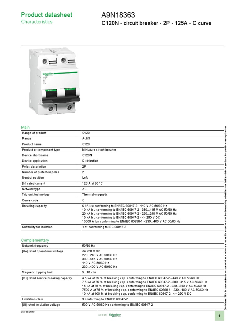 Product Datasheet: C120N - Circuit Breaker - 2P - 125A - C Curve | PDF ...