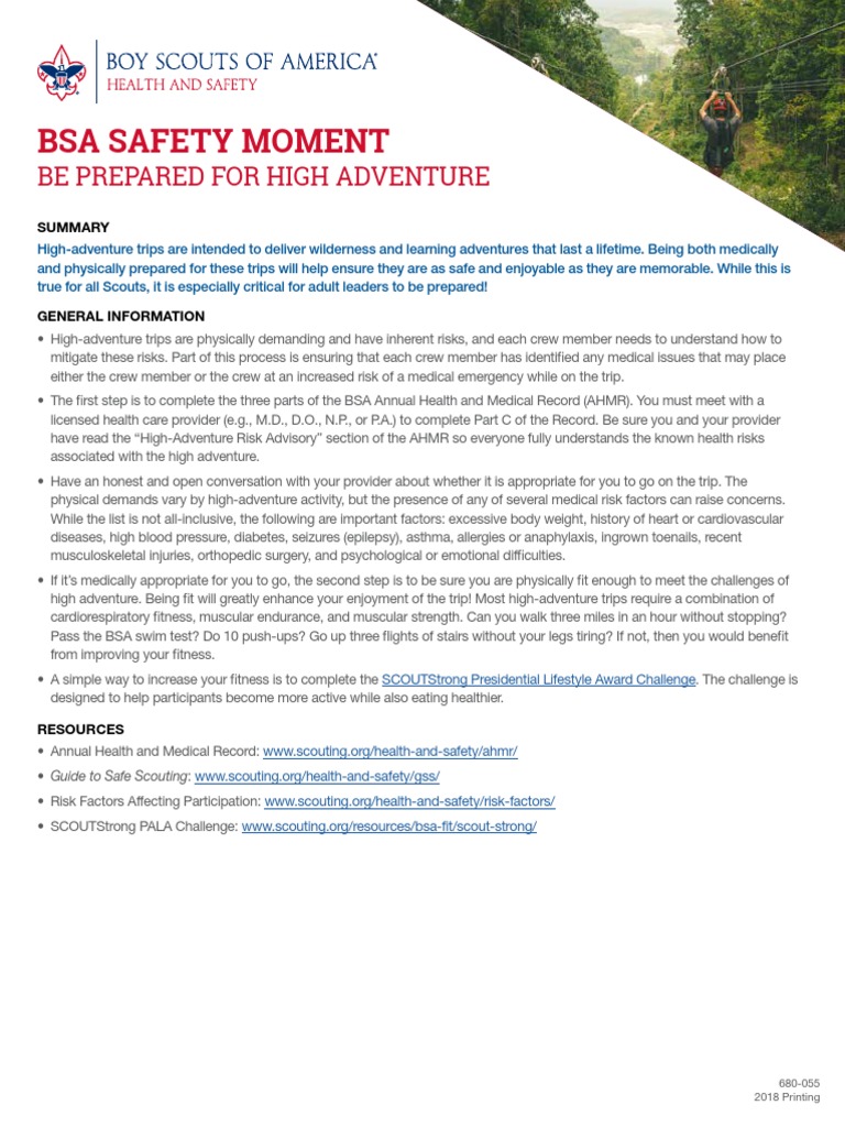BSA 680-055 - BSA Safety Moment - Be Prepared For High Adventure | PDF ...