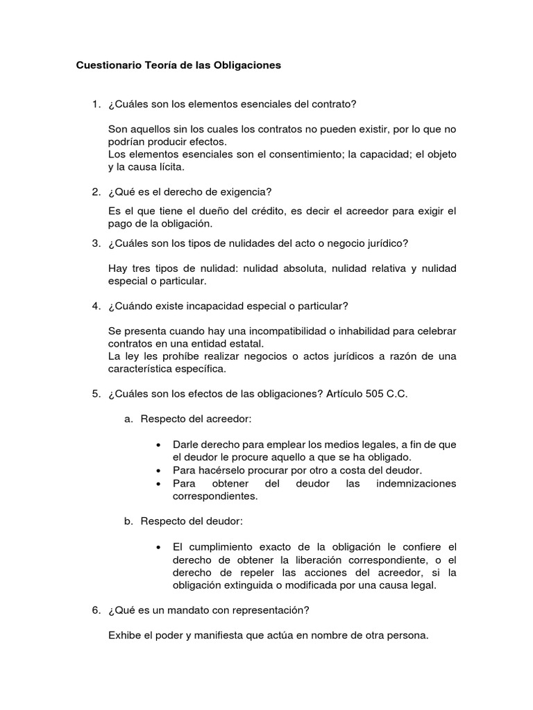 Cuestionario Teoría de Las Obligaciones | PDF | Instrumento jurídico ...