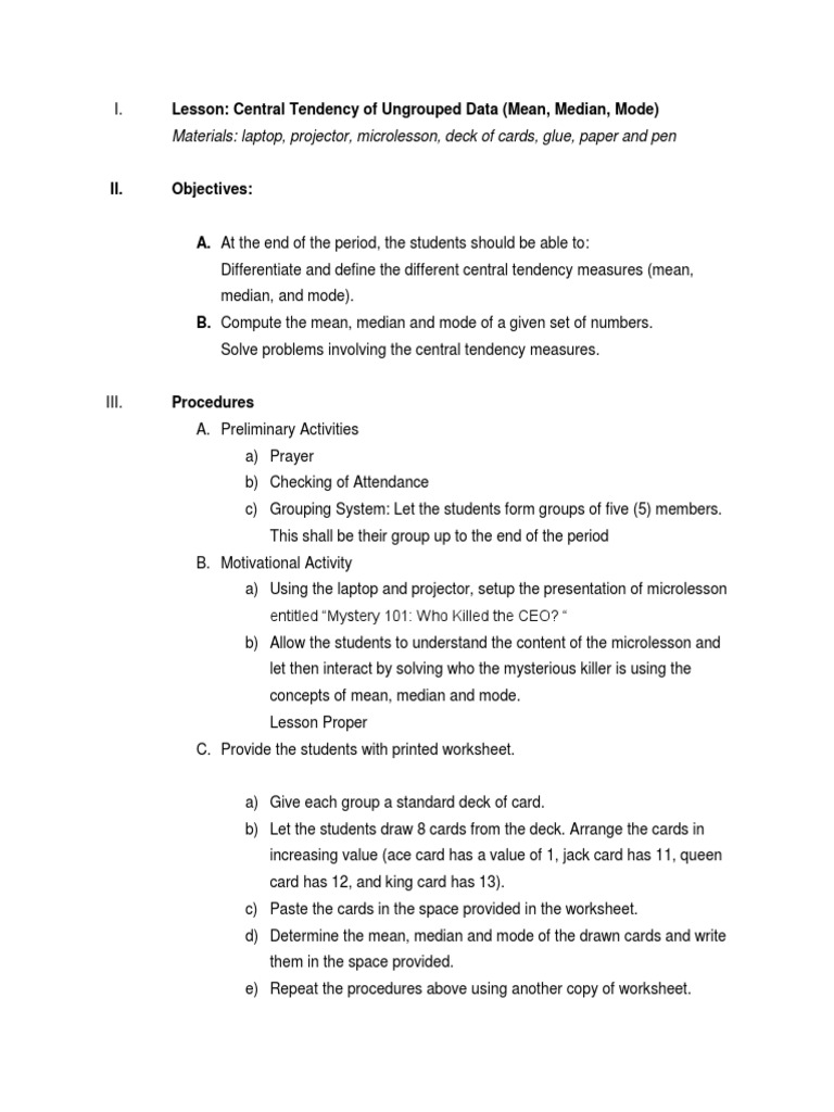 Measures of Central Tendency Lesson Plan | PDF | Mode (Statistics) | Median