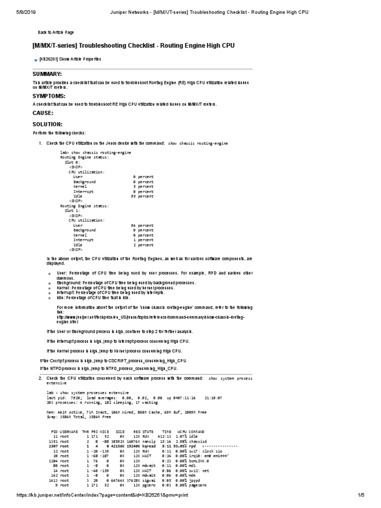 Juniper Troubleshooting Guide for RE High CPU on M/MX/T Series | PDF | Router (Computing ...