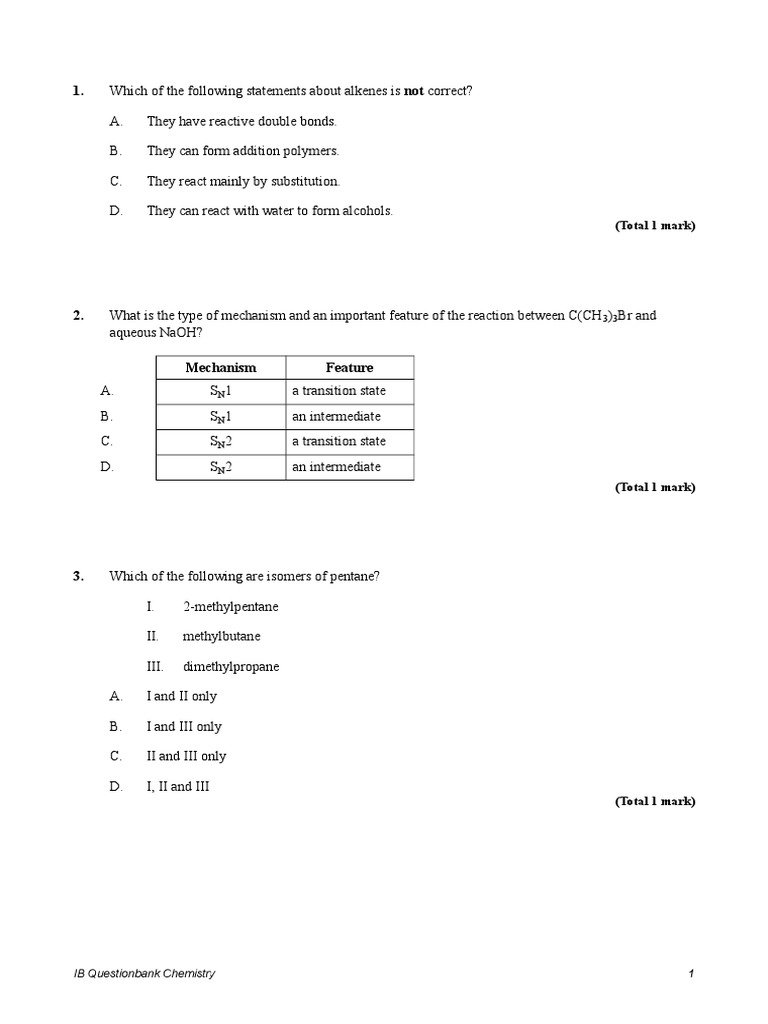 Organic Chemistry Question IB Chem SL | PDF | Alkene | Redox