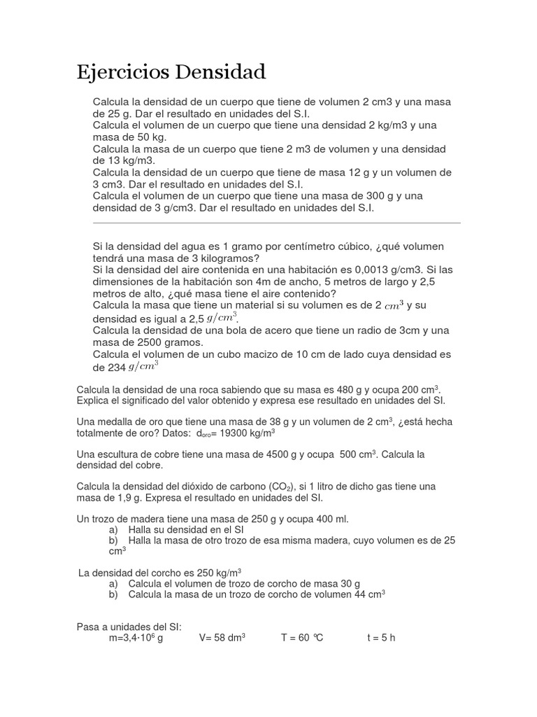 Ejercicios Densidad | PDF | Densidad | Volumen