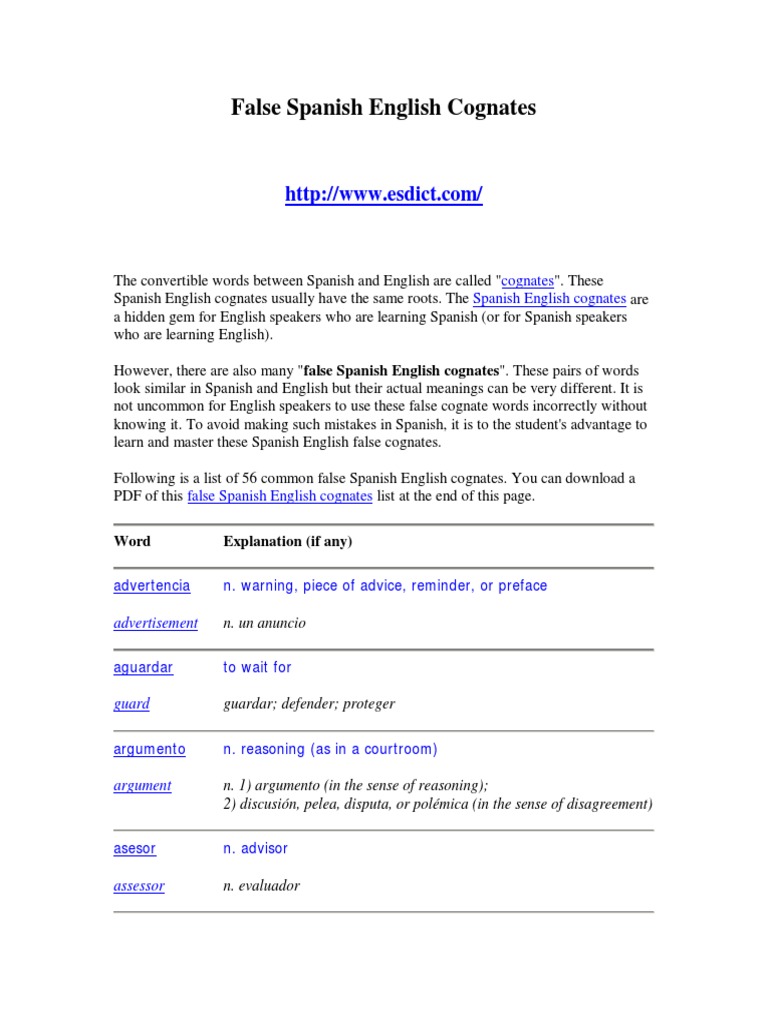 False Spanish English Cognates PDF | PDF | Linguistics | Languages