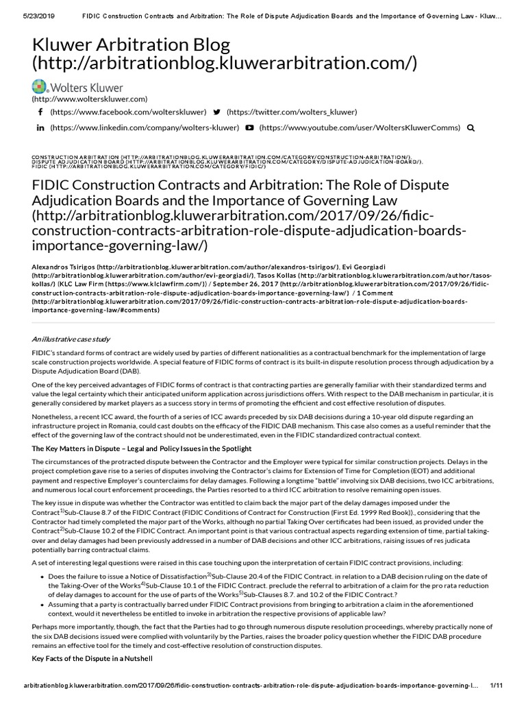 Fidic Construction Contracts And Arbitration The Role Of Dispute