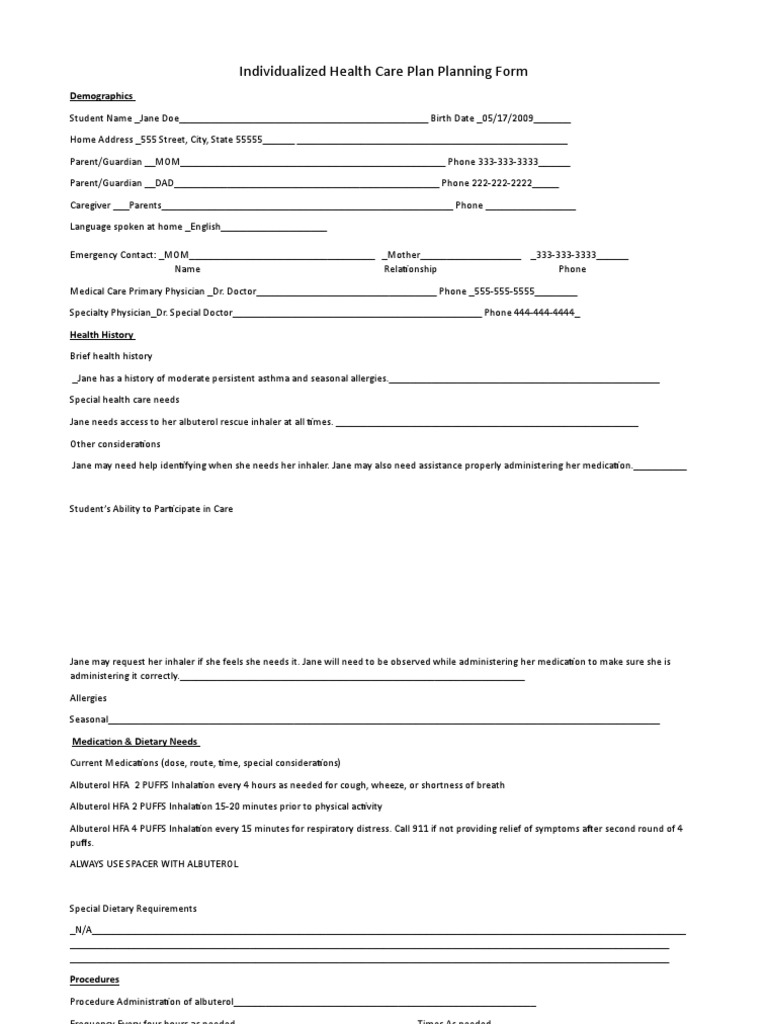 Individualized Health Care Plan Planning Form: Demographics | PDF ...